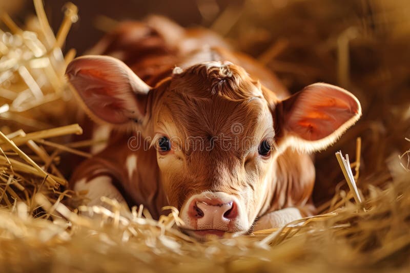 Baby Cow is Laying in a Hay Bed Stock Image - Image of grass, mammal ...