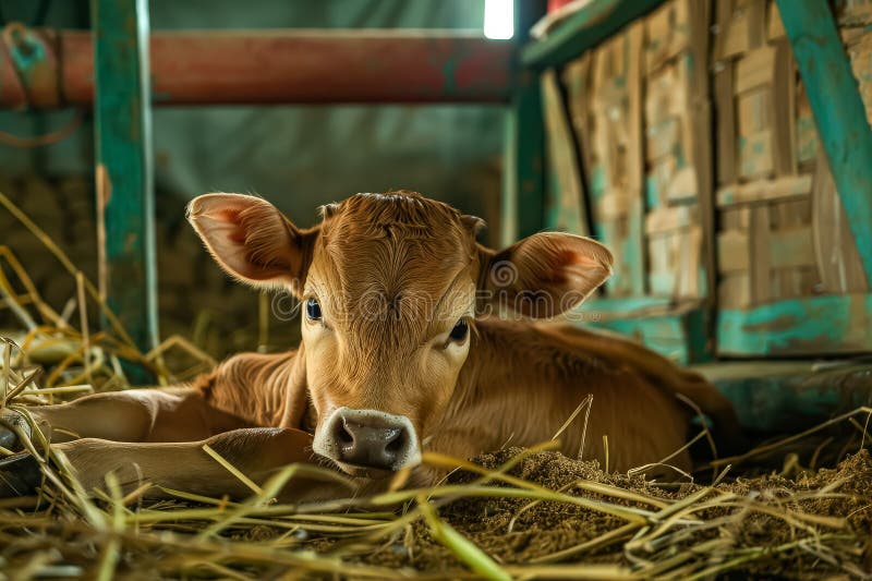 Baby Cow is Laying in a Hay Bed. Stock Photo - Image of food, milk ...