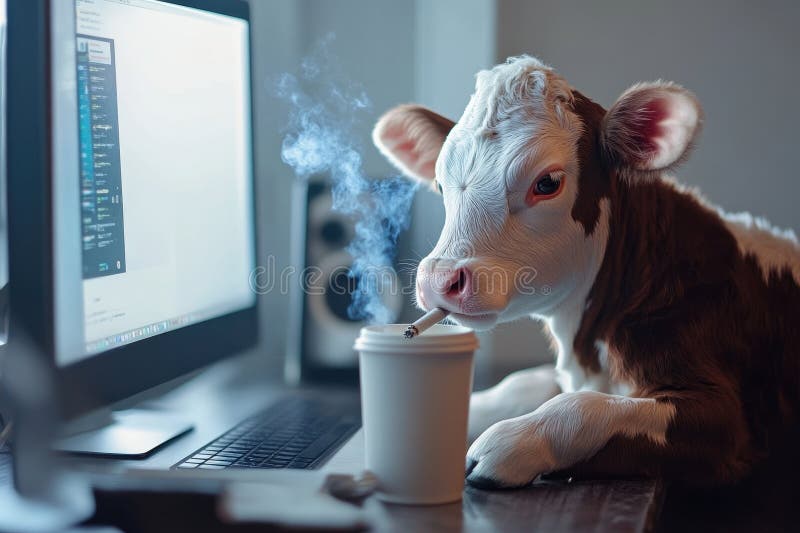 Baby Cow Smoking and Drinking Coffee at Computer Desk Stock Photo ...