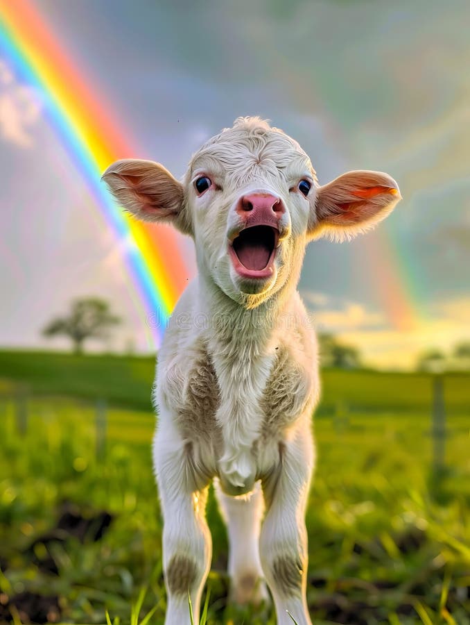 A Baby Cow Standing in a Field with a Rainbow Stock Photo - Image of ...