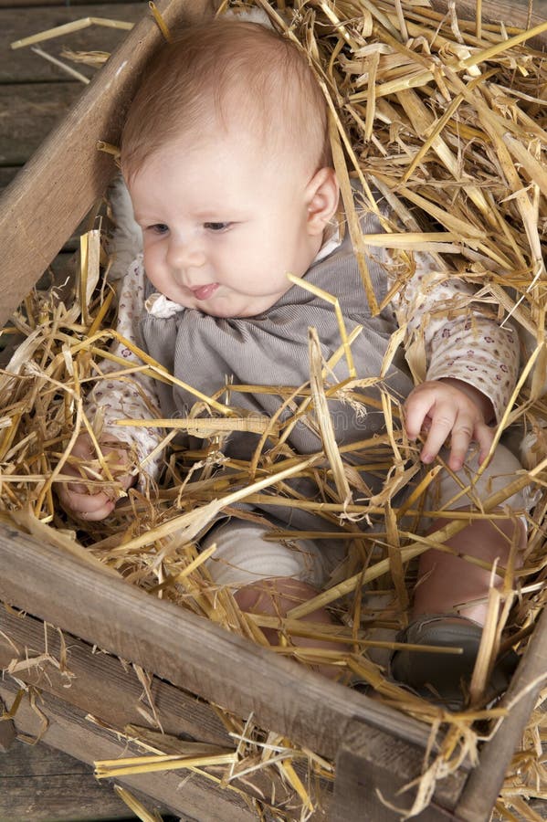 Baby in crate with straw stock image. Image of child - 27037107
