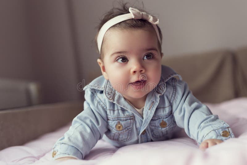 Beautiful Baby Girl Crawling Rolling Over Bed Stock Photos - Free ...