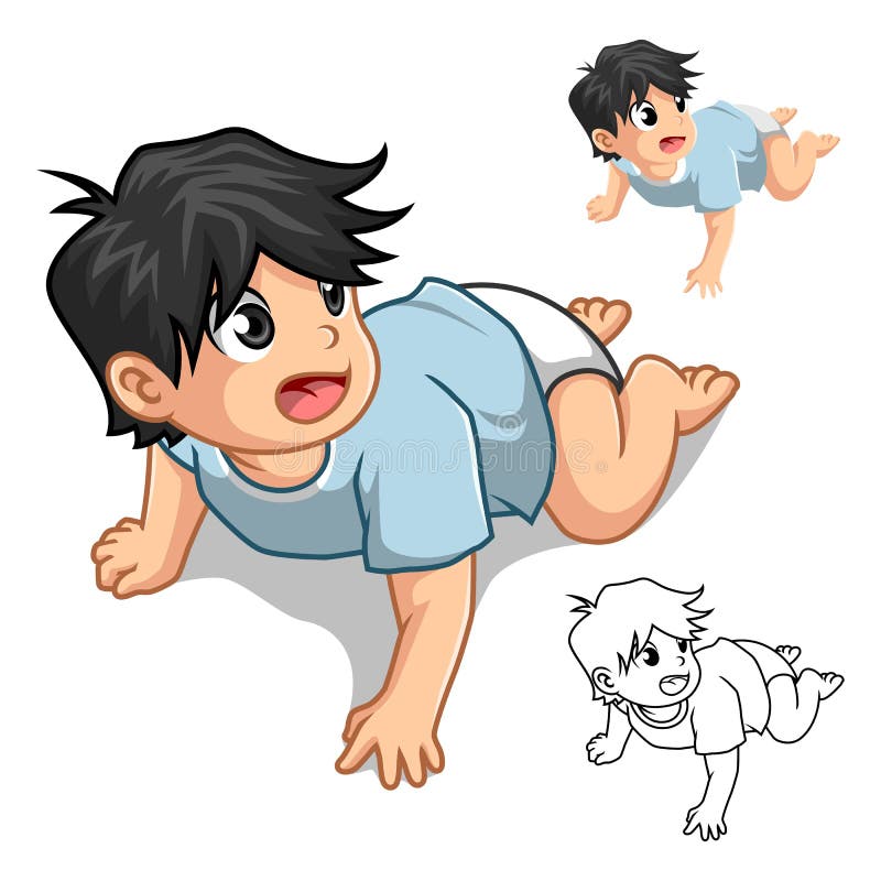 Baby Crawling Cartoon Character Include Flat Design and Outline Version ...