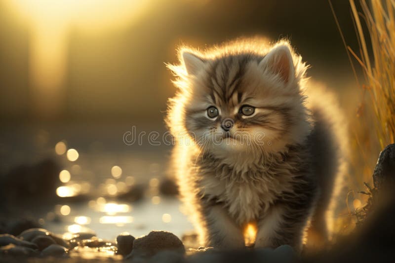 Baby Cute Cat at Park and Sunset Time Background. Generative Ai Stock ...