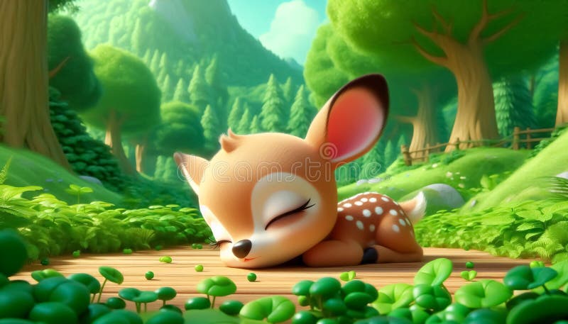 Baby Deer Cartoon Sleeping Peacefully in a Forest Stock Illustration ...