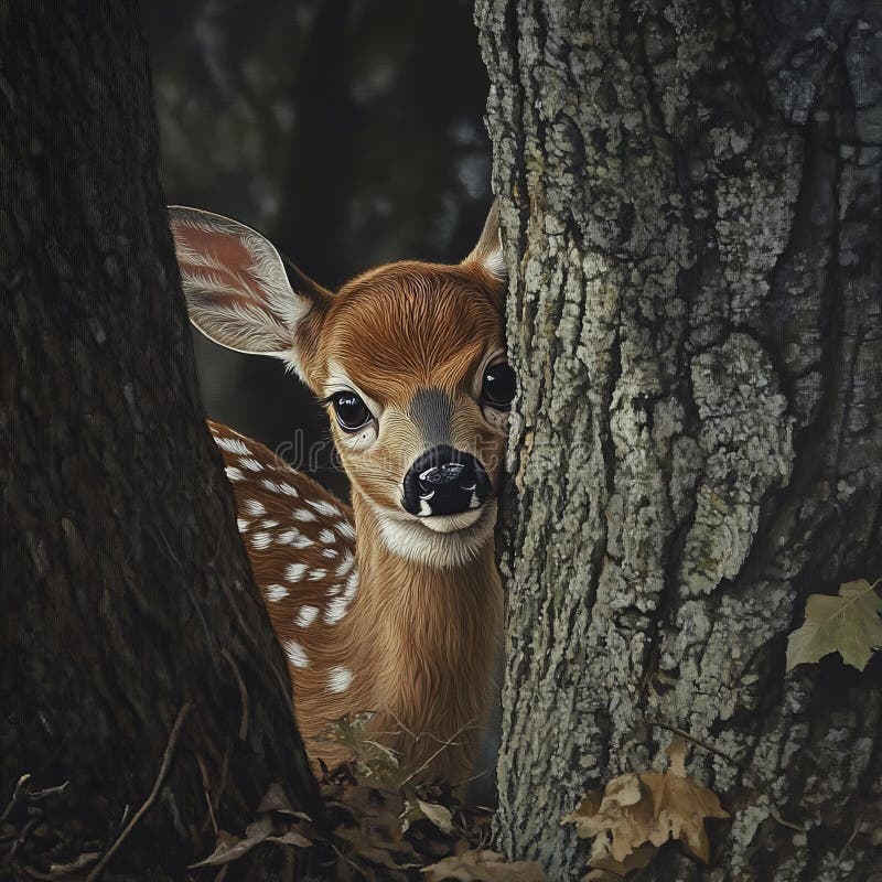 A Baby Deer is Hiding Behind a Tree Trunk Stock Illustration ...