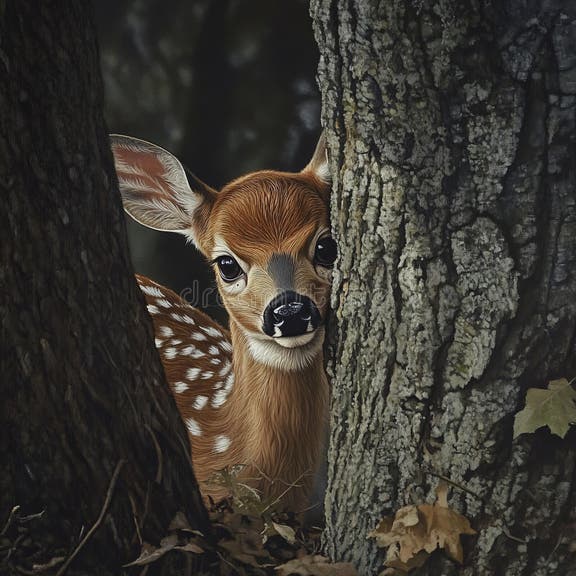 A Baby Deer is Hiding Behind a Tree Trunk Stock Illustration ...