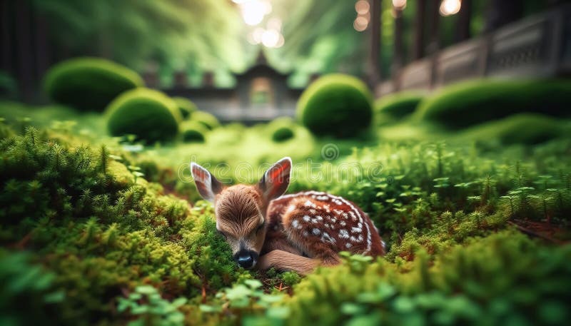 Baby Deer Sleeping Peacefully on the Green Ground Stock Illustration ...