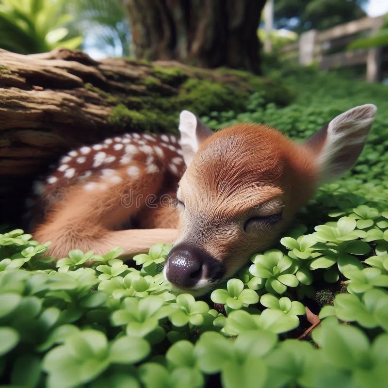 Baby Deer Sleeping Peacefully on the Green Ground Stock Illustration ...