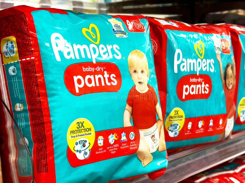 Baby Diaper Packaging on Store Shelf Featuring Caucasian Baby Editorial ...