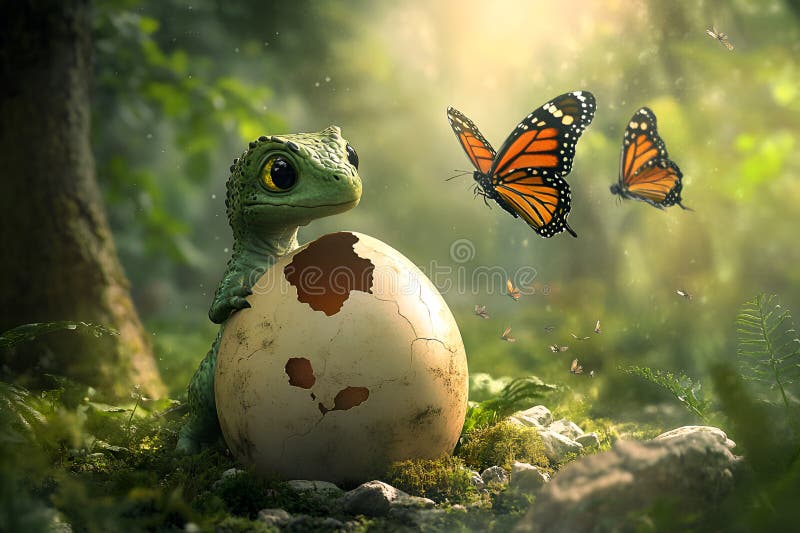 Baby Dinosaur Emerging from Egg in Enchanted Forest with Butterflies ...