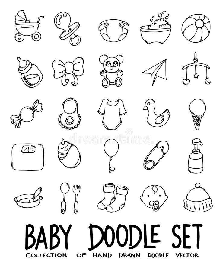 Baby Doodle Vector Icon Set. Drawing Sketch Illustration Hand Drawn ...