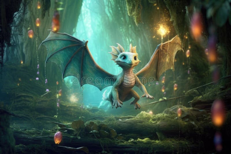 Baby Dragon Flying through a Magical Forest Stock Illustration ...