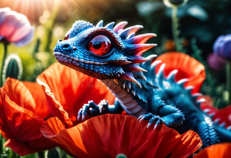 Baby Dragon Lying Inside Poppy Flower. Generative AI Stock Illustration ...