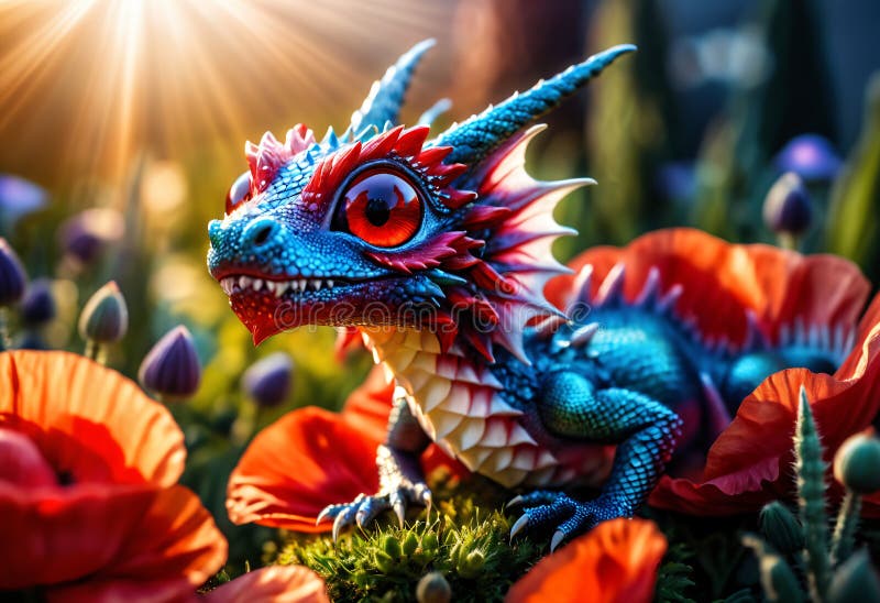 Baby Dragon Lying Inside Poppy Flower. Generative AI Stock Illustration ...