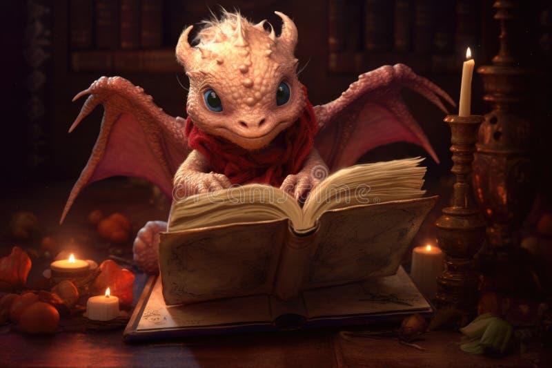 Baby Dragon Reading an Ancient Spell Book Stock Illustration ...