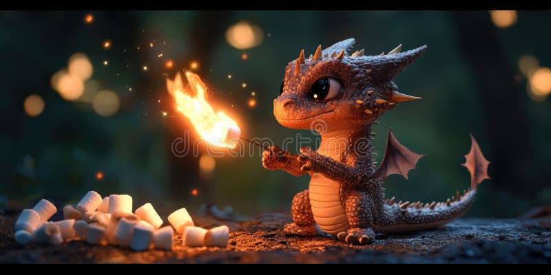 A Baby Dragon Roasting Marshmallows with Its Tiny Fire for Magical ...