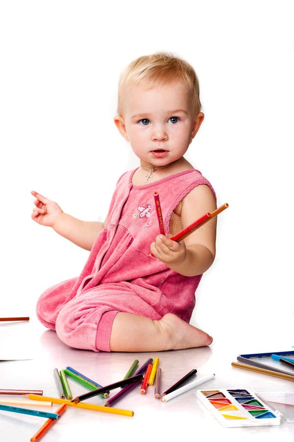 Baby Boy Drawing a Picture with Colored Pencils Stock Image - Image of ...