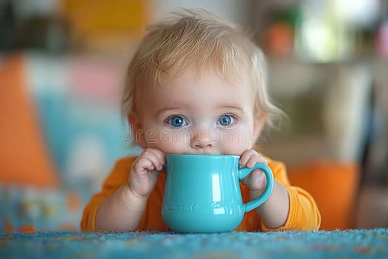 A Baby Drinking from a Beaker, Cute and Playful, Everyday Scene Stock ...