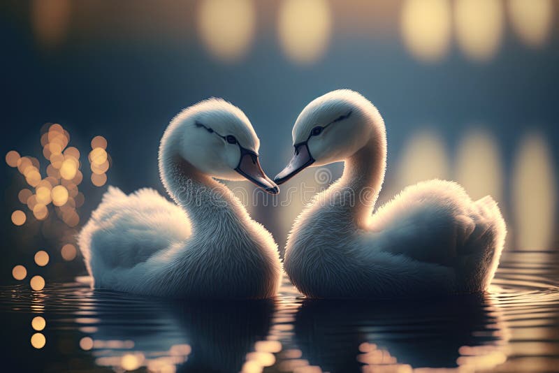 Baby Ducks in Love, at the Lake at Sunset. Ai Generative Stock ...