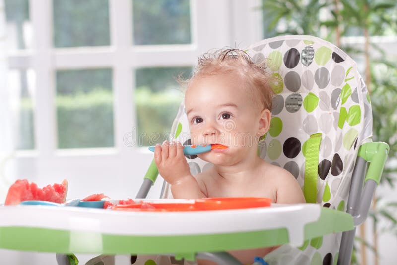 Baby Eat with Spoon Watermelon Stock Photo - Image of eating, close ...