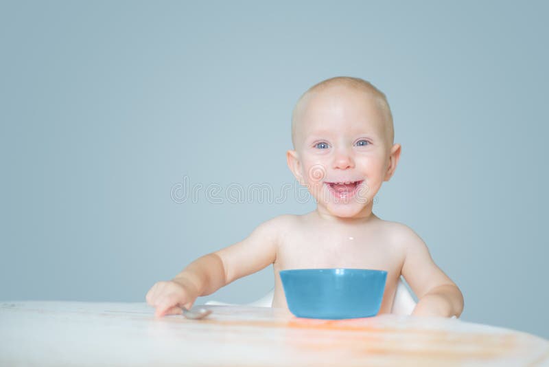 Baby Eating and Smiling, Isolated Stock Image - Image of nutrition ...