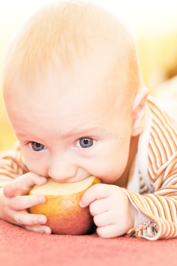 Baby eats apple stock photo. Image of look, blue, emotion - 12732830