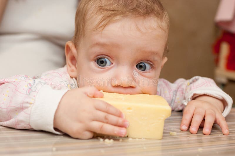 The Baby Eats Big Piece of Cheese Stock Image - Image of cheese ...