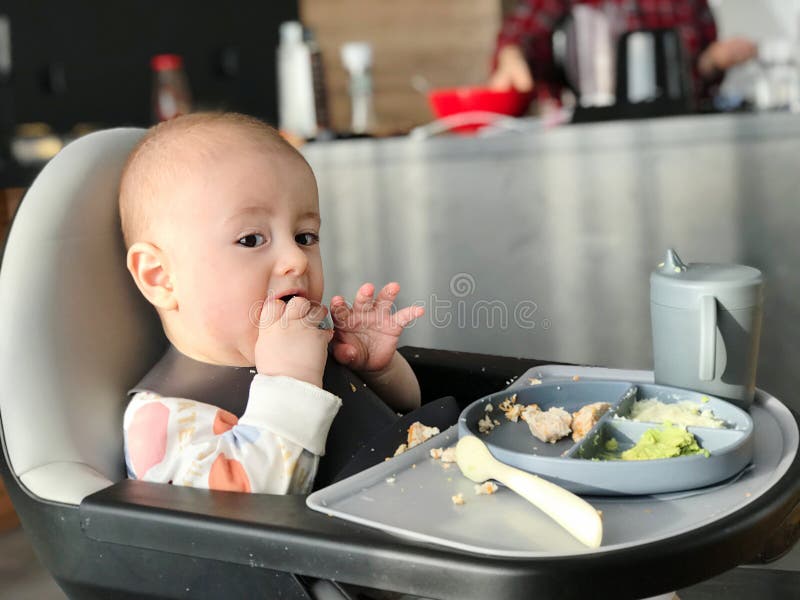 The Baby Eats Independently with His Hands while Sitting at the Feeding ...