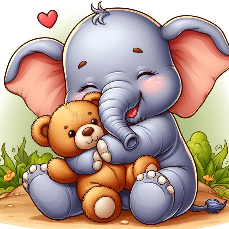 Baby Elephant Hugging a Stuffed Teddy Bear Stock Illustration ...