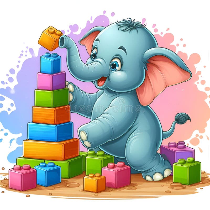 Baby Elephant Playing with Building Blocks, Stacking Them High Stock ...