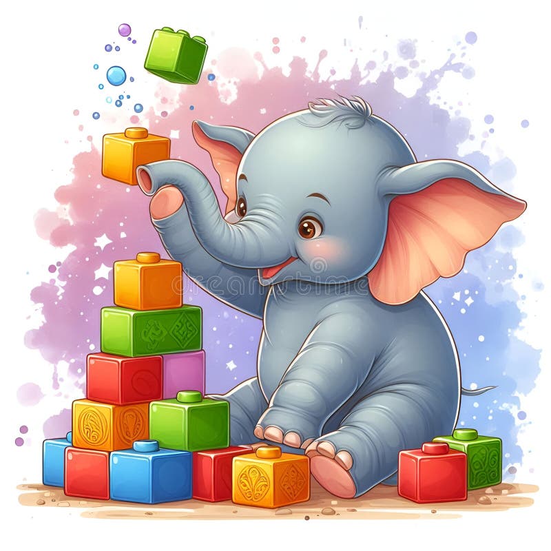 Baby Elephant Playing with Building Blocks, Stacking Them High Stock ...