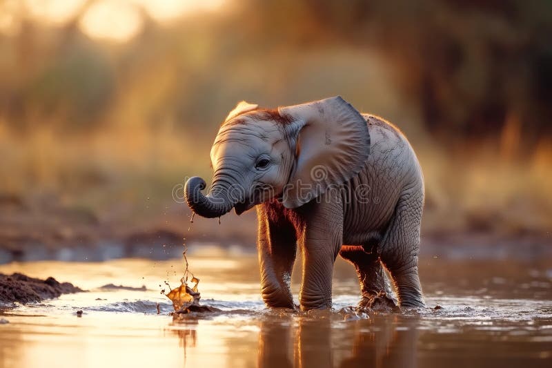 Baby Elephant Splashing Water with Trunk at Sunset Stock Illustration ...