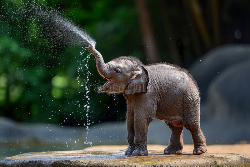 Baby Elephant Spraying Water with Its Trunk on a Hot Day Stock ...