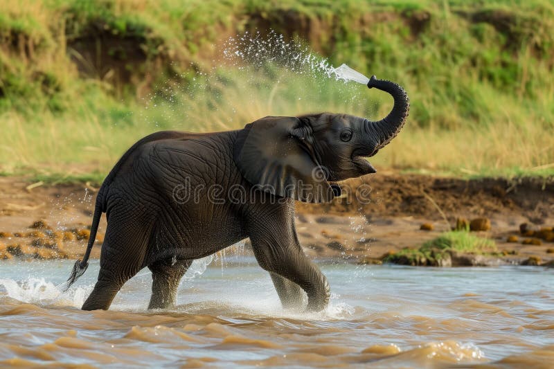 Baby Elephant Spraying Water with Trunk in a River Stock Image - Image ...
