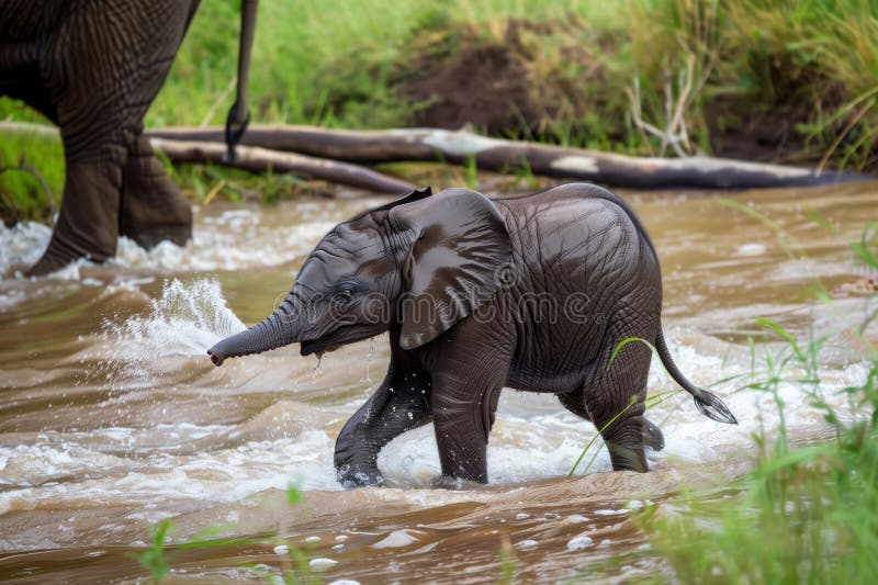 Baby Elephant Spraying Water with Trunk in a River Stock Photo - Image ...