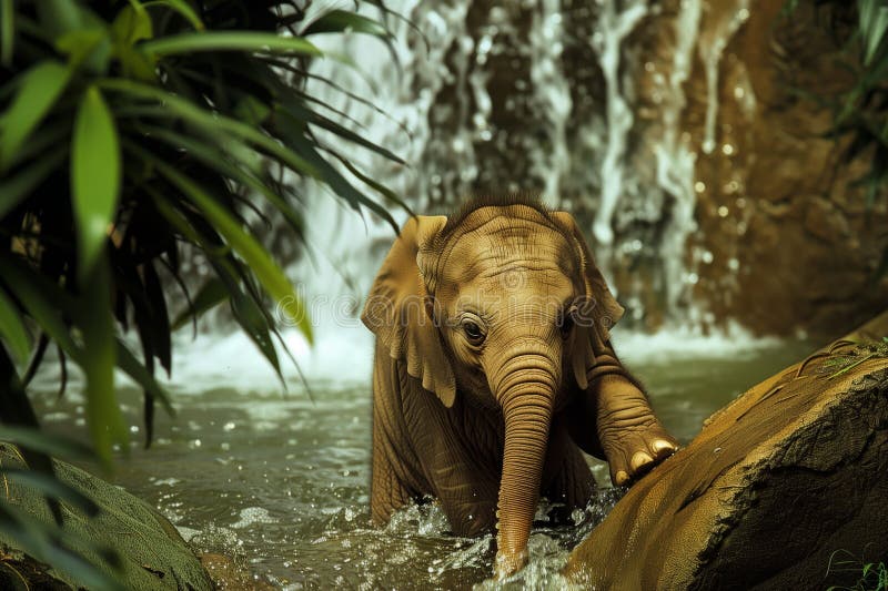 Baby Elephant Under a Waterfall in a Jungle Setting Stock Image - Image ...