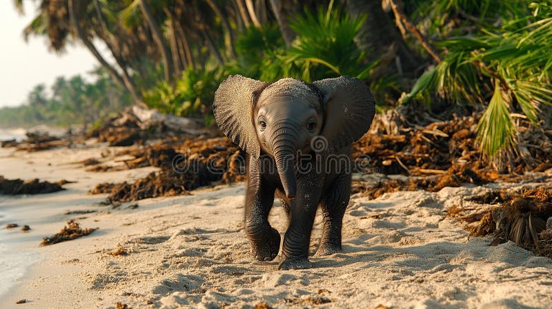 Baby Elephant Walking Tropical Beach, Palm Trees, Debris Stock ...