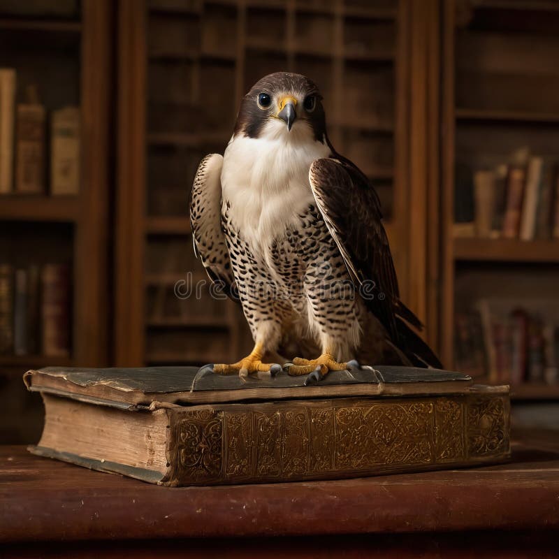 A Baby Falcon Resting on a Stack of Ancient Books in a Cozy Library ...