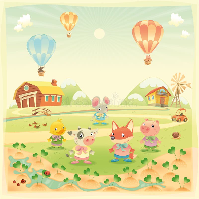 Baby Farm Animals in the Countryside. Stock Vector - Illustration of ...