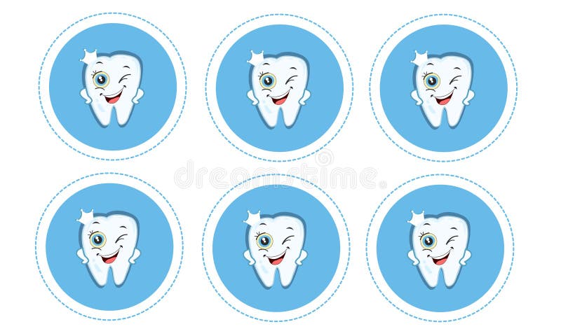 Baby First Tooth for Boys. Tooth with Crown Vector Set for Sticker or ...