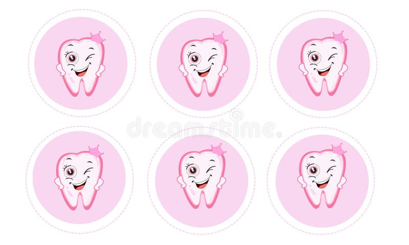 Baby First Tooth for Girls. Tooth with Crown Vector Set for Sticker or ...