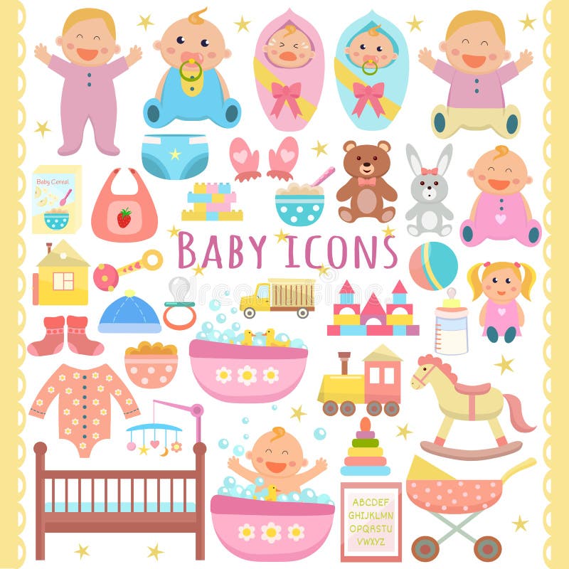 Baby flat icons set. stock illustration. Illustration of crib - 126659085
