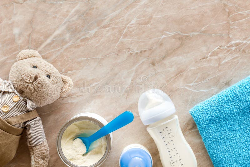 Baby Food Background with Toys and Accessories on Brown Table Top View ...