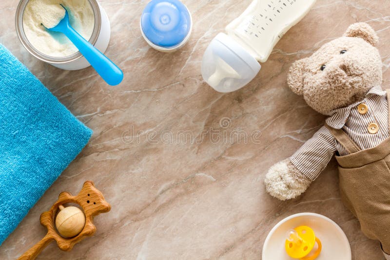 Baby Food Background with Toys and Accessories on Brown Table Top View ...