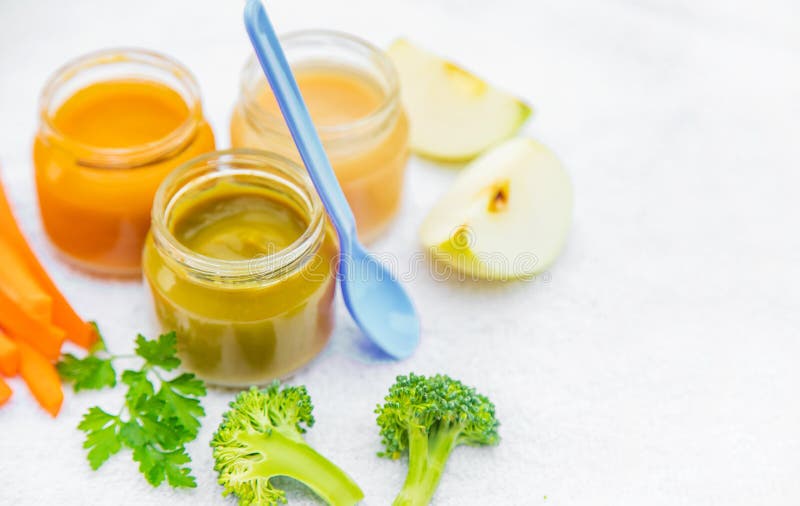 Baby Food. Mashed Vegetables and Fruits in Jars Stock Photo - Image of ...
