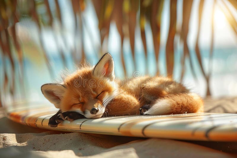 Baby Fox Napping by Surfboard, Under Palm Trees, Tranquil Beach Setting ...