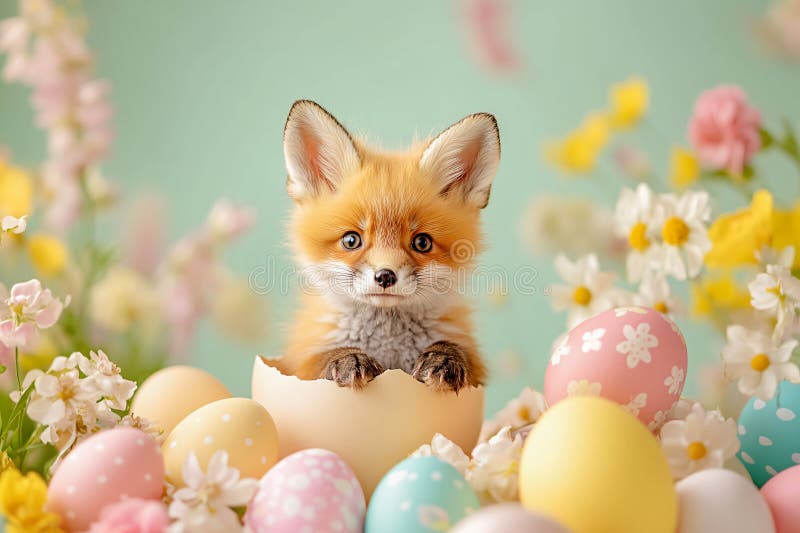A Baby Fox is Sitting in an Eggshell Surrounded by a Bunch of Easter ...