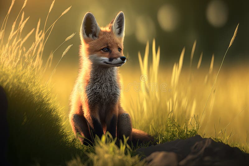 Baby Fox Sitting in Grass. Generative AI Stock Illustration ...