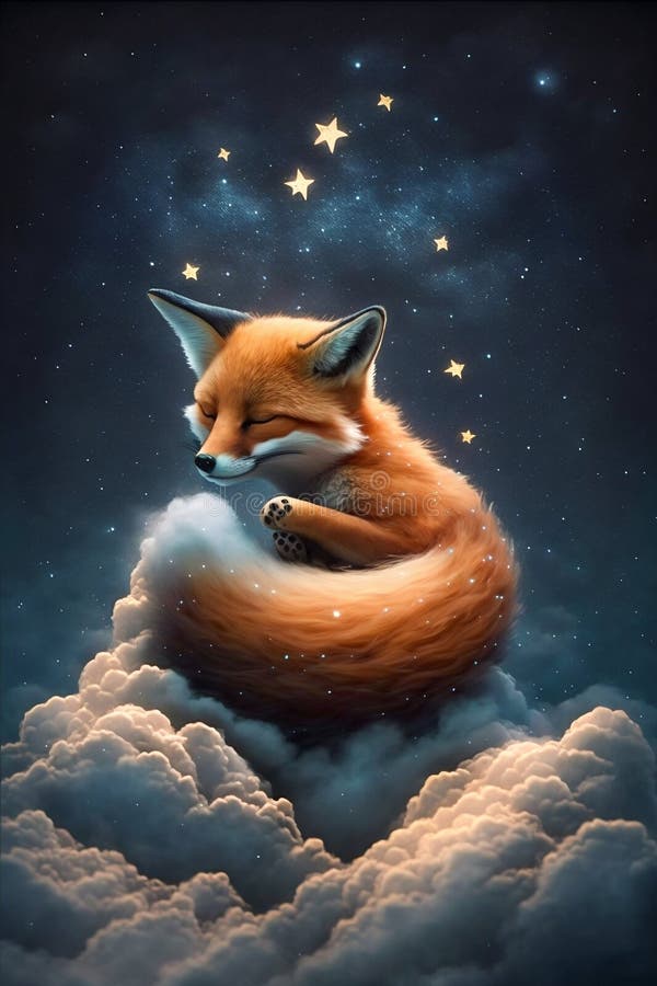 Baby Fox Sleeping on Cloud with Starry Sky. Generative Ai Stock ...